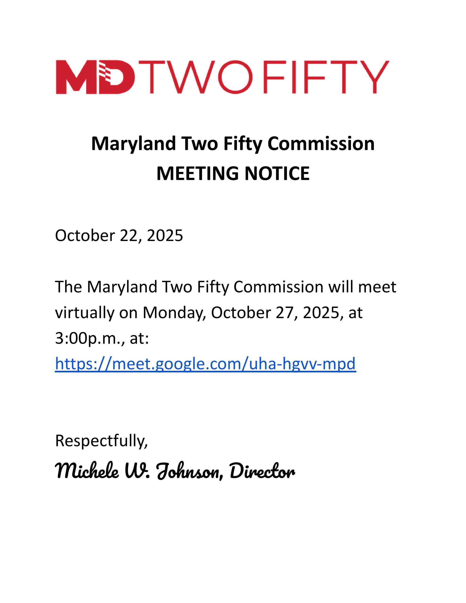Maryland Two Fifty Commission Meeting Notice | MD 250
